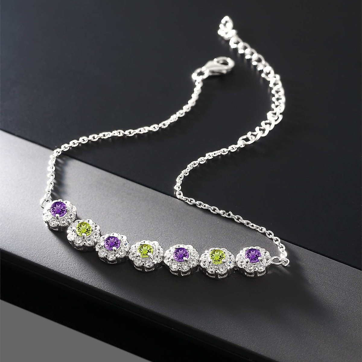Gem Stone King 925 Sterling Silver Purple Amethyst and Green Peridot Tennis Bracelet For Women (1.22 Cttw, Gemstone February Birthstone, 7 Inch with 2 Inch Extender)