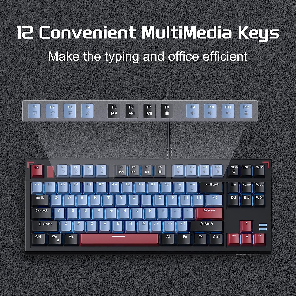 Compact 80 Percent Mechanical Gaming Keyboard, Wired tkl Mechanical Keyboard with Brown Switches, Ice Blue Backlit Keyboard 87 Keys for Windows Mac PC, Black Blue