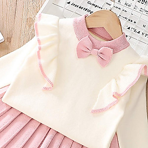 Toddler Baby Girls Outfit Knitted Buttons Sweater Tops Mini Skirt Bowknot Ruffle Long Sleeve Autumn Winter Clothes Set for Kids Christmas Outfits Princess Dress up Knit Crochet Pink 2-3T