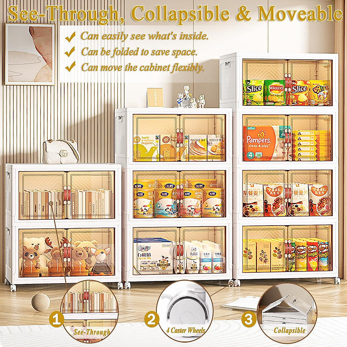 Jacriah Plastic Drawer Storage Bins with Lid, Stackable Storage Bins Open Front, Closet Organizers and Storage Cabinet with Doors and Shelves, Collapsible Storage Bins with Wheels (3 Layer-14 Gallon)