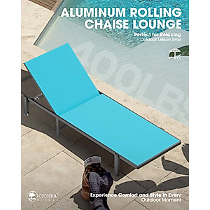 Aluminum Chaise Lounge Chair Outdoor with Wheels, Patio Lounge Chair with Adjustable 5-Position Recliner and Full Flat Tanning Chair for Patio, Beach, Pool, Lake Blue