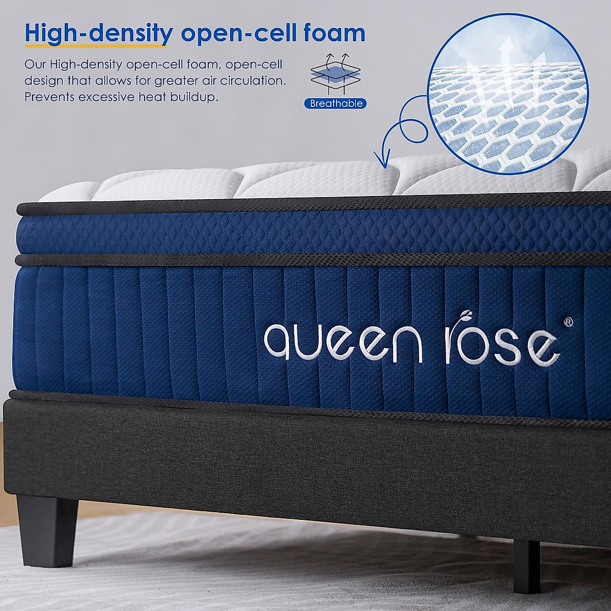 QUEEN ROSE Queen Size 12inch Mattress, Pillow Top Mattress, Memory Foam Mattress in a Box with Individual Pocket Spring for Motion Isolation and Silent Sleep, Pressure Relief, CertiPUR-US