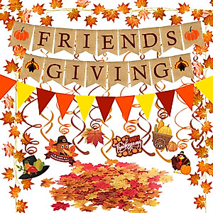 Famoby FRIENDSGIVING Burlap Banner Paper Triangular Bunting Maple leaf Garland Plastic Streamer for Thanksgiving Day Party Decoration