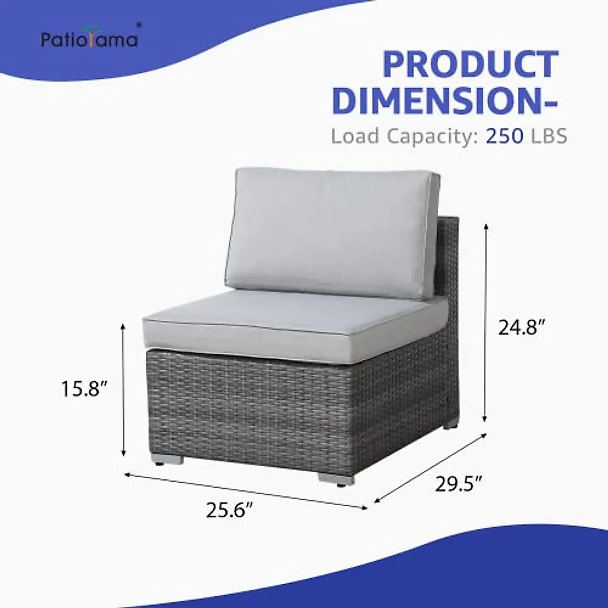 Patiorama Patio Armless Sofa, Outdoor Single Sofa, All-Weather Grey PE Wicker Rattan Sectional Sofa, Additional Chair for Furniture Set, Patio Seating for Balcony Garden Pool (Light Grey Cushion)