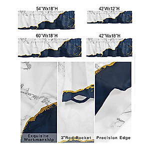 Window Curtain Valances for Kitchen Windows,Natural Marble Abstract Texture Rod Pocket Short Window Valance White Navy Blue Stone with Gold Line Cafe Treatment Valance for Living Room/Bedroom,54x18in