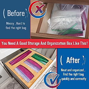 Bamboo Ziplock Bag Organizer - Sandwich,Quart,Snack,Gallon Bag Organizer for Drawer, Compatible with Variety Brand Bags, 4 In 1 Ziplock Bag Storage Organizer.