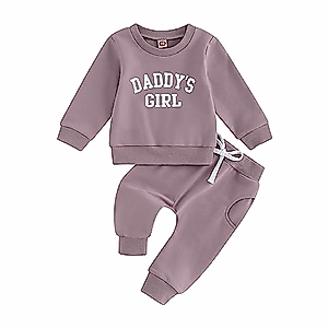 Sduydiosy Toddler Baby Girl Fall Outfit Letter Print Sweatshirt Top Elastic Waist Pant Cute Infant Newborn Winter Clothes Set (Daddys Girl Purple, 12-18 Months)
