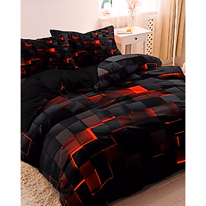 ZIRANSHU King Size Quilt Cover, Red and Black Grid Printed Quilt Personalized Geometric Square Grid Bedding Set for Adult Kids Boys Girls Comforter Duvet Cover Set (1 Duvet Cover + 2 Pillowcase)