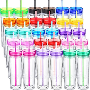 Hoolerry 30 Pcs Acrylic Skinny Tumblers 16 oz Acrylic Tumblers with Lids and Straws Double Wall Plastic Tumbler Skinny Tumbler Plastic Skinny Tumblers Bulk for Drink Party Birthday Gifts, Multicolor