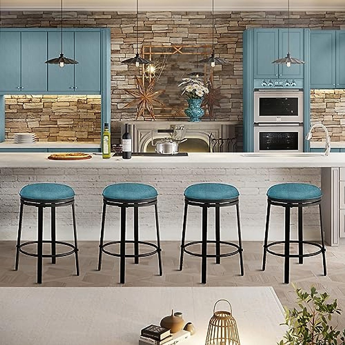 OUllUO Industrial Blue Bar Stool, 24" Counter Height, PU Leather, Backless Round Saddle, 16" Seat, 17.3 lbs, 1 Pc