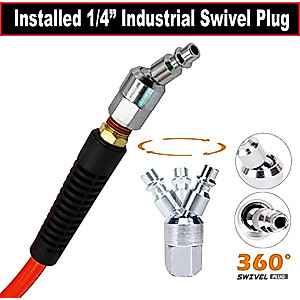 EADUTY Hybrid Air Hose 1/4 In. x 50 ft, Heavy Duty, Lightweight, Flexible Compressor Hose with AMT Universal Quick Coupelr and Ball Swivel Plug, Orange