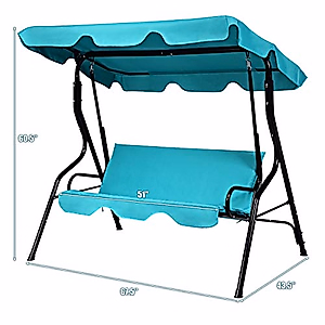 Tangkula 3 Person Porch Swing, Patio Swing with Soft Cushion & Powder-Coated Steel Frame, Outdoor Swing with Canopy for Porch, Backyard, Garden, Balcony (Turquoise)