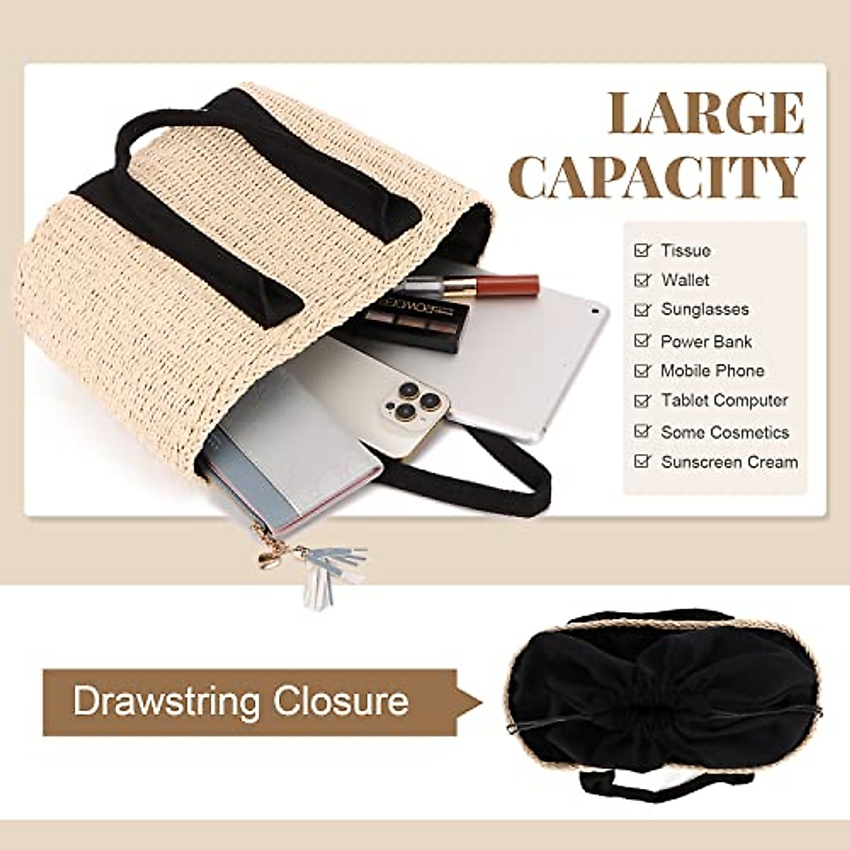 Ynport Women Large Straw Tote Bag Summer Beach Handles Handbag Handwoven Hobo Shoulder Bags Purse for Travel Shopping