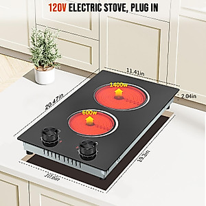 2 Burner Electric Stove, Nefaracy 12 Inch Electric Cooktop with Knob Control, Countertop & Built-in Electrical Stove Top, 2000W Ceramic Cooktop 110V, 9 Heating Level, Residual Heat Indicator, Plug in