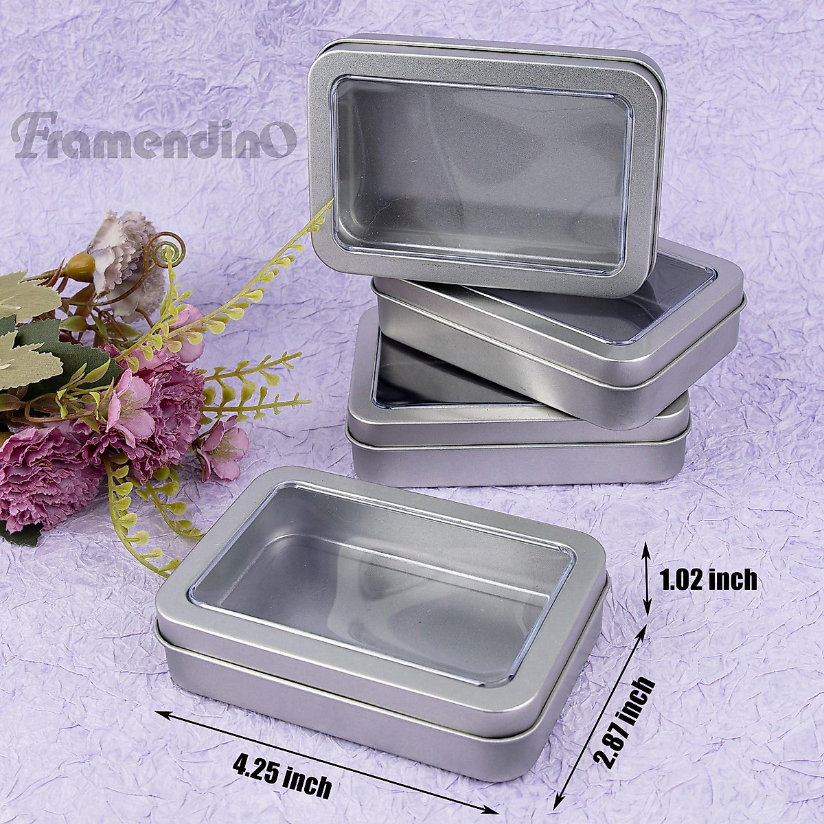 Framendino, 12 Pack Metal Rectangular Storage Organizer Tins with Clear Window Hinged Lids Silver