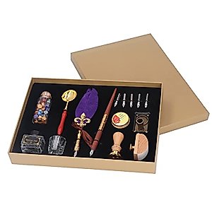 Quill Feather Pen Set, Calligraphy Pen Set with Colored Varnish Wax, Exquisite Quill Pen, Gift Kit for Writing, Drawing, Signatures Purple