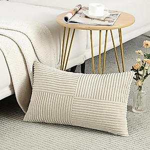Fancy Homi Tan Lumbar Decorative Throw Pillow Covers 12x20 Inch for Living Room Couch Bed Sofa, Boho Home Decor, Soft Striped Corduroy Rectangle Accent Beige Cushion Case 30x50 cm