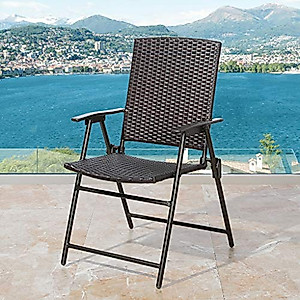 Patio Rattan Steel Folding Bistro Set, All Weather Resistant Wicker, 3 PCS Set of Foldable Garden Table with Top Glass and Chairs with Arms