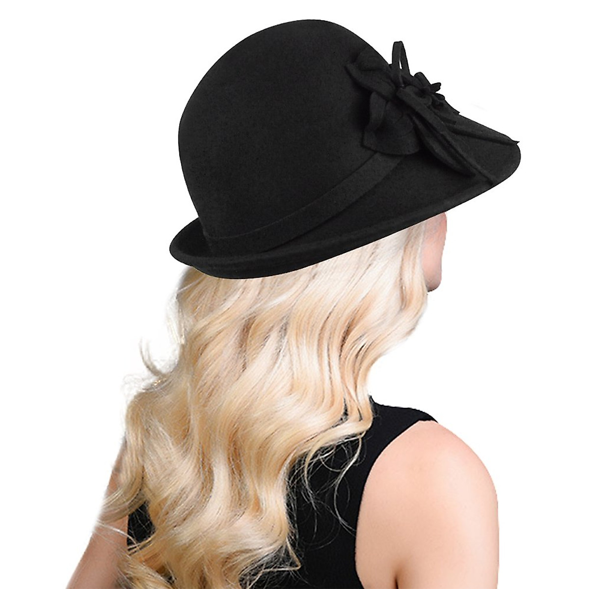Bellady Women's Elegant Flower Wool Cloche Bucket Bowler Hat, Black