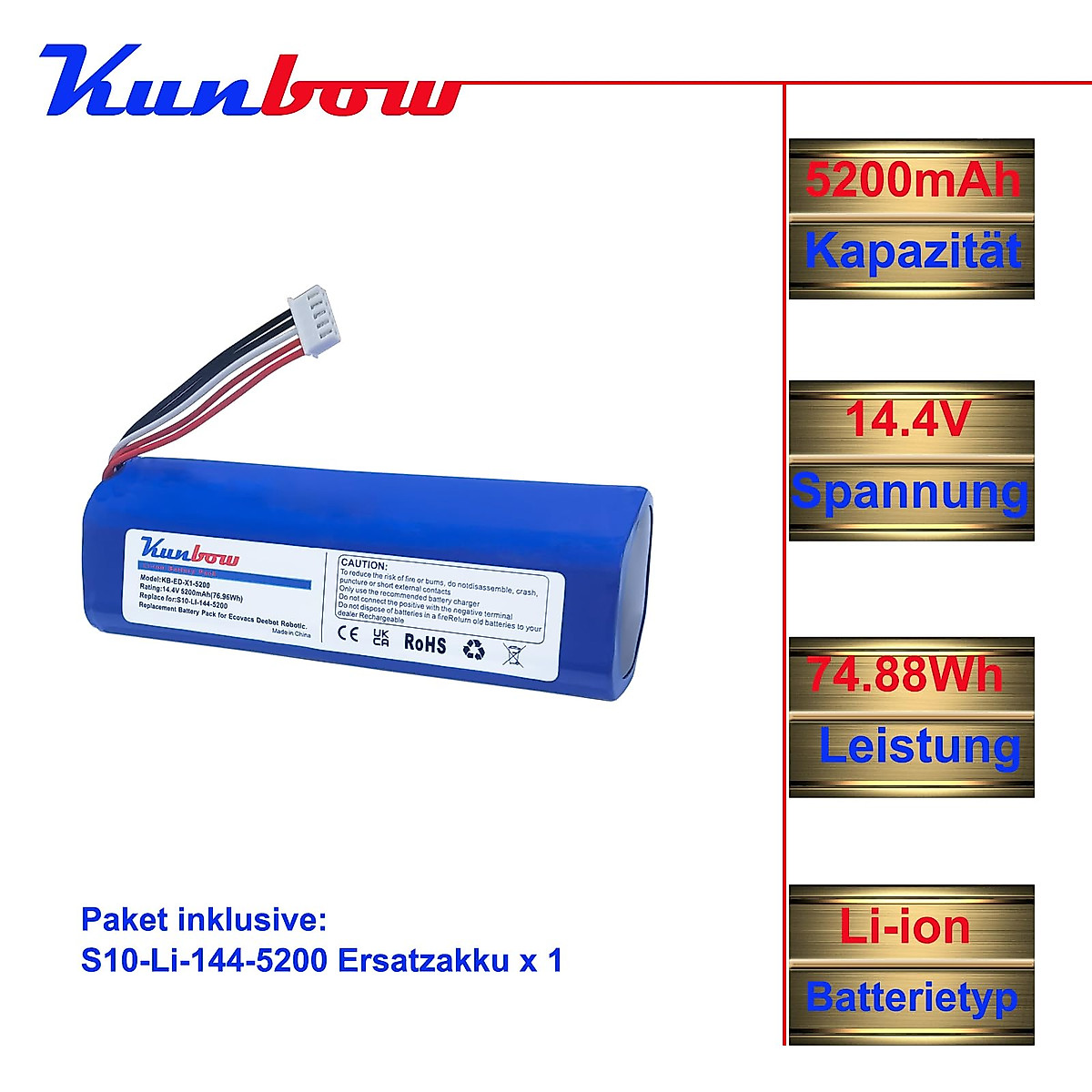 kunbow 5200mAh Li-ion Battery, Replacement Battery for Ecovacs Deebot Ozmo 950 DX9G,Deebot T20 Omni,Deebot X1, Deebot T8 Pure,T8+, Deebot T9,Deebot T10,Deebot T5 Home Cleaner Robot. (14.4V/74.88Wh)