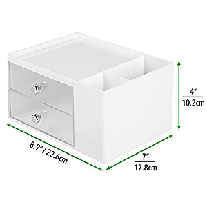 mDesign Plastic Home, Office Storage Caddy Box for Desk, Countertop, Cubicle - 2 Drawers, 2 Side Compartments, Top Shelf - Organizer Holds Pens, Erasers, Sticky Notes, Binder Clips - White/Clear