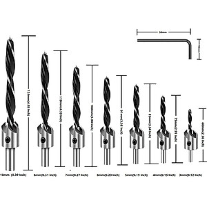 REDDSN Woodworking Countersink Drill Bit Set,Three-Pointed HSS Drill Bits Set Carpentry Reamer with Hex Key Wrench,for Drilling Wood and Plastic Include Size 3/4/5/6/7/8/10mm 7pcs
