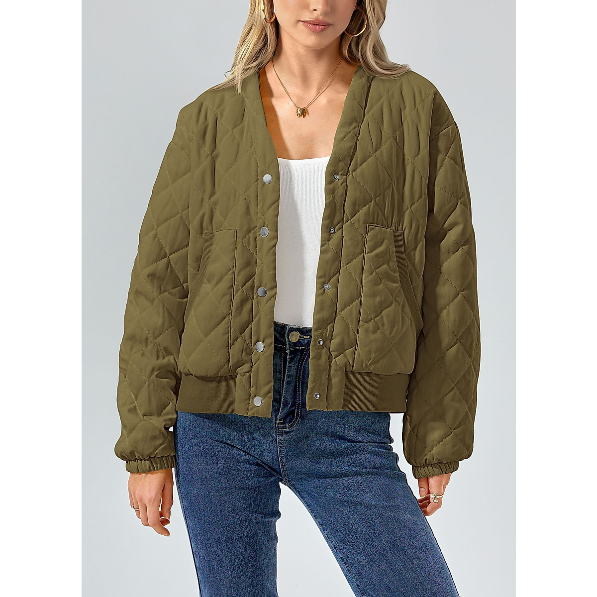 PRETTYGARDEN Women's 2024 Winter Trendy Jackets Button Down Long Sleeve Padded Warm Outerwear Fashion Coats with Pockets (Army Green,Small)