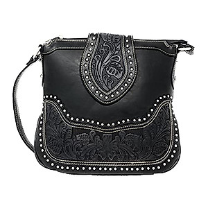 Concealed Carry Tooled Leather Crossbody Purse - Black