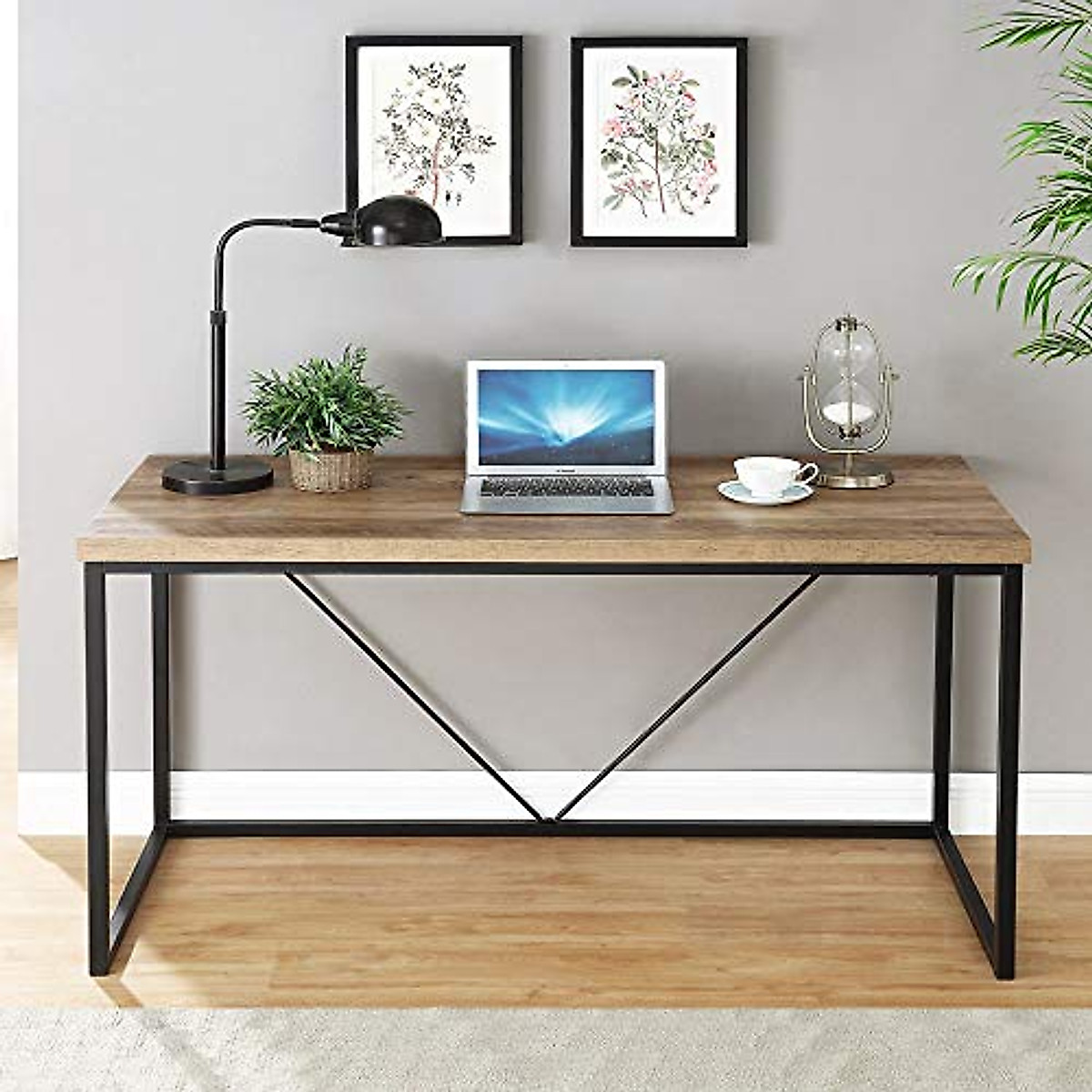 FOLUBAN Rustic Industrial Computer Desk,Wood and Metal Writing Desk, Vintage PC Table for Home Office, Oak 60 inch