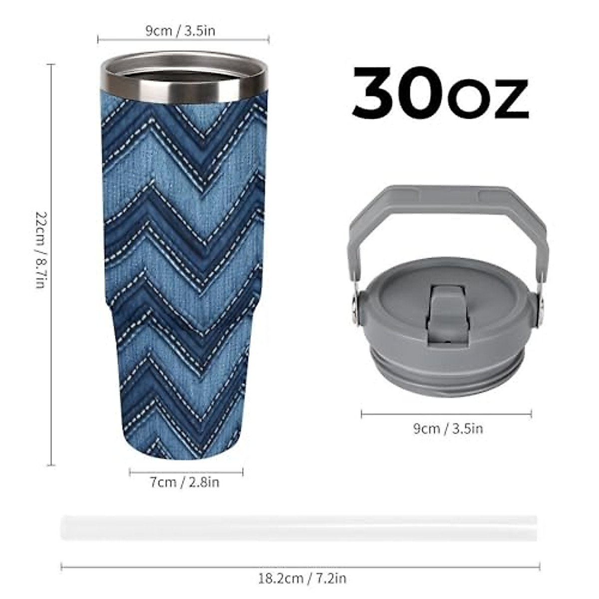 WITHSBKK 30oz Car Cup Gradient Blue Denim Printed with Portable, Stainless Steel Travel Mug, Vacuum Insulated Tumbler And Straw, Leakproof for Car & Outdoor, UV Printed Design