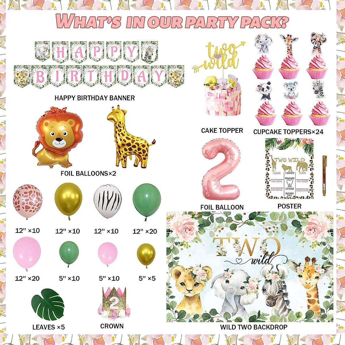 Fiesec Two Wild Birthday Decorations Girl, Jungle Safari Animal Theme 2nd Party Decorations Backdrop Balloons Banner Cake Cupcake Topper Poster Crown Lion Cheetah Giraffe Pink 119 PCs