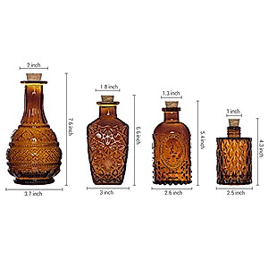 MyGift Vintage Embossed Amber Glass Decorative Reed Diffusers with Cork Lids, Small Apothecary Style Flower Bud Vases, Set of 4
