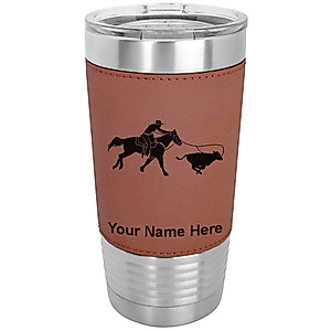 LaserGram 20oz Vacuum Insulated Tumbler Mug, Cowgirl Roping a Calf, Personalized Engraving Included (Faux Leather, Dark Brown)