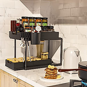 POWERWOO Under Sink Organizers and Storage with Double Sliding, Adjustable Height Under Cabinet Organizer for Kitchen, 2 tier Pull Out Under Bathroom Organizer Multi-purpose Drawer Shelf （1 pack）