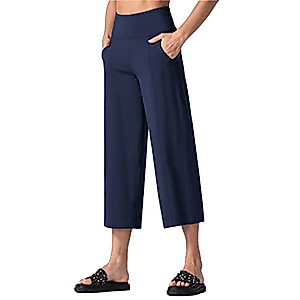 THE GYM PEOPLE Bootleg Yoga Capris Pants for Women Tummy Control High Waist Workout Flare Crop Pants with Pockets (Navy Blue, X-Large)