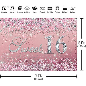 Hilioens 7×5ft Sweet 16th Birthday Backdrop Glitter Pink Diamonds Bokeh Girls 16th Birthday Party Backgorund Shining Silver Happy Sixteen Birthday Party Banner Deocrations Photo Booth Props