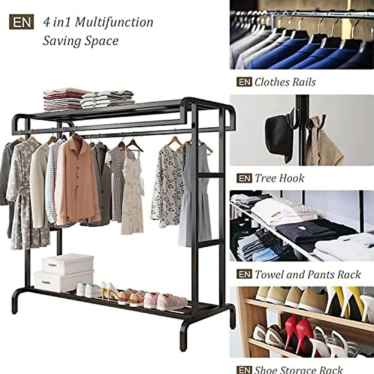 Double Rails Clothes Rack, Industrial Pipe Style Rolling Garment Rack, Heavy Duty Clothes Hanging Rack for Shop Home Office Laundry,Black,120 * 50 * 150cm