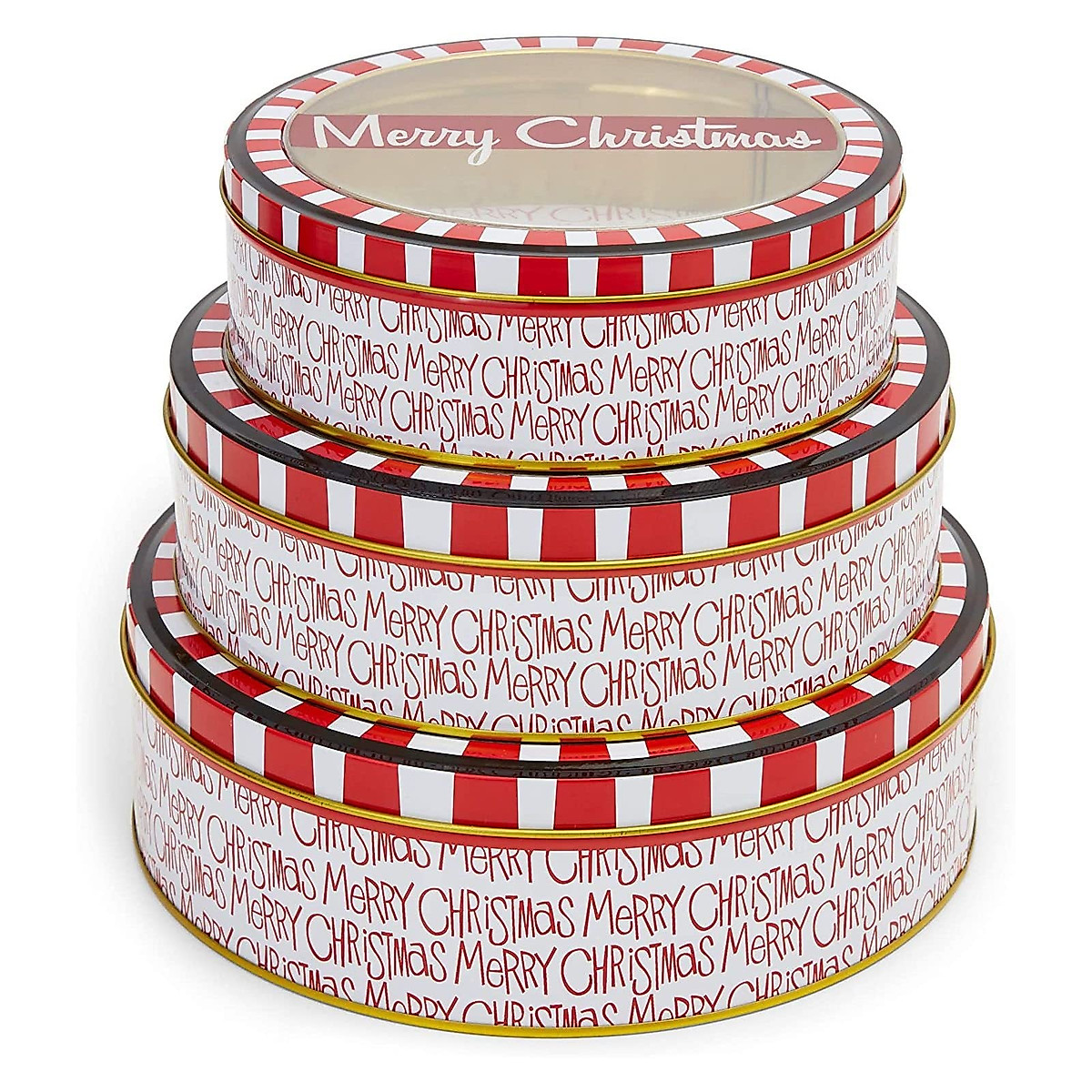 Juvale Set of 3 Merry Christmas Cookie Tins with Lids for Gift Giving, Round Nesting Holidays Containers, 3 Sizes