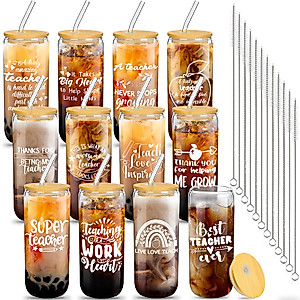 Umigy Teacher Appreciation Gifts Teacher Glass Cups 16oz Can Shaped Beer Glass with Lids Straws Brushes Teacher Thank You Gifts Funny for Christmas Birthday New Teachers(12 Sets, Stylish)