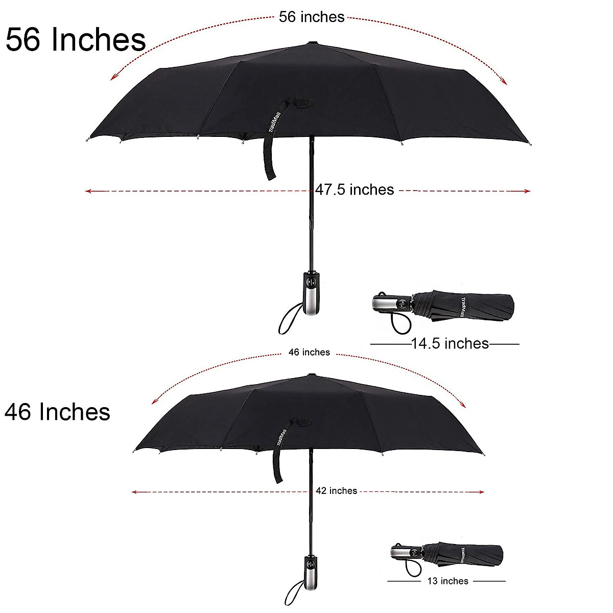 TradMall 2 Pack Travel Umbrella Windproof 56 Inches Large Canopy Reinforced Fiberglass Ribs Auto Open & Close, Black