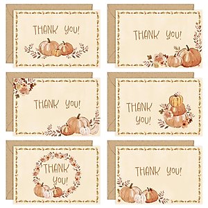 Whaline 36 Pack Fall Thank You Cards Watercolor Pumpkin Greeting Cards Blank Note Cards with Envelope & Stickers for Autumn Thanksgiving Party Supplies, 4 x 6 Inch