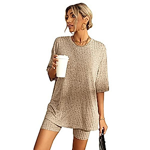 WDIRARA Women's 2 Piece Outfits Ribbed Short Sleeve Drop Shoulder Tee And Shorts Set Khaki M