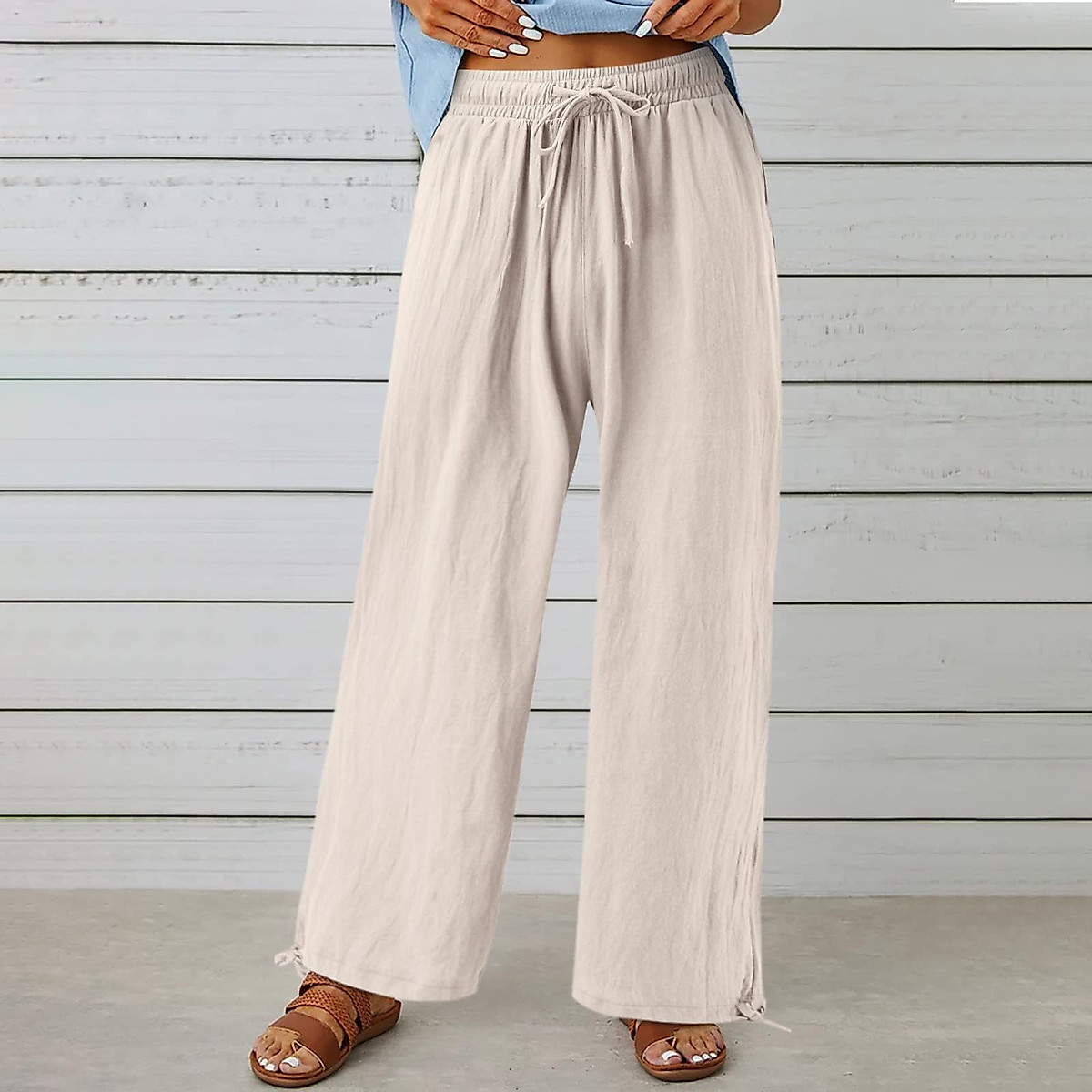 ZDJNSZTM Wide Leg Pants for Women 2023 Summer Linen Cotton High Waisted Drawstring Loose Long Baggy Palazzo Pant Trousers with Pockets Beige
