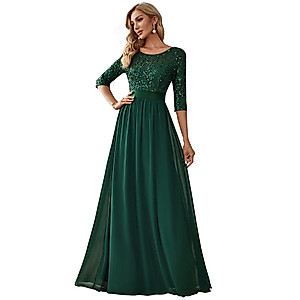 Ever-Pretty Women's Elegant A Line Crew Neck Half Sleeve Sequin Maxi Evening Dress Dark Green US14