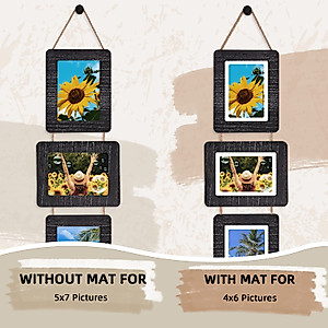 ABSWHLM 5x7 Picture Frames Rustic Wood Hanging Picture Frames 3 Opening Photo Frame Display 4"x6" Pictures with Mat or 5"x7" Without Mat, Weathered Black