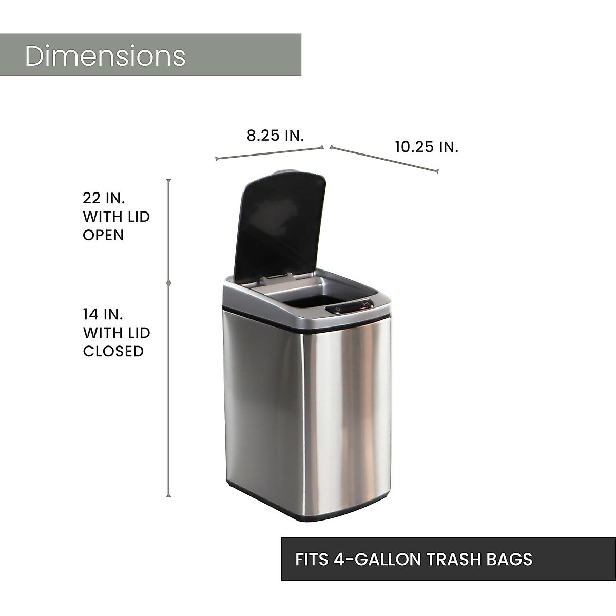 Hanover Home Hands-Free Metal Trash Can with Fingerprint-Resistant Finish, Soft-Close Motion Sensor Lid, and Removable Bin for Bathroom and Bedroom - 2.3 Gallons (9 Liters) in Stainless Steel