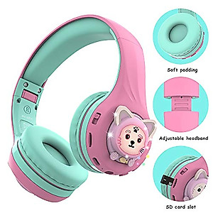 Riwbox Kids Headphones, CB-7S Cat Kids Toddler Headphones with LED Light, 75/85/95dB Volume Limited, Kids Bluetooth Headphones with Mic for School/Tablet/Girls (Pink)