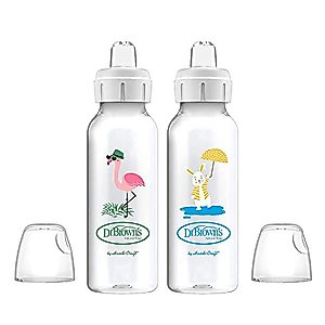 Dr. Brown’s® Milestones™ Narrow Sippy Bottle, 100% Silicone Soft Sippy Spout, 8oz/250mL, Flamingo & Bunny, 6m+