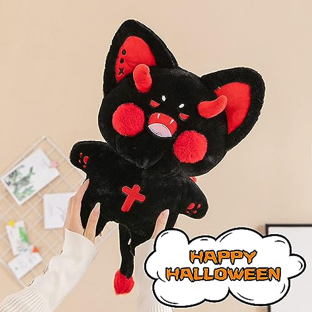 PEACH CAT Cute Cat Plush Pillow Kitten Plushie Devil Cat Stuffed Animal for Kids Black and Red 15.7"