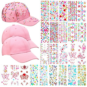 Zhanmai 3 Pcs Decorate Your Own Baseball Cap with 24 Sheets Adhesive Gems Stickers Pink Baseball Cap Paint by Stickers Arts and Crafts for DIY Kits for Birthday Present